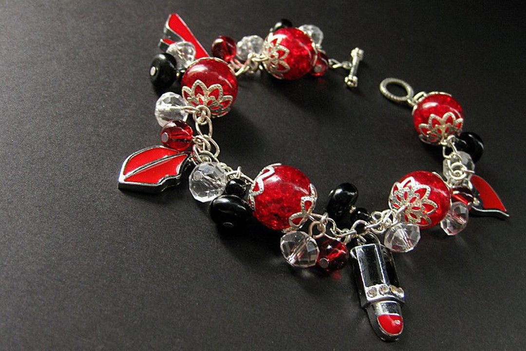 Red Charm Bracelet. Beaded Bracelet in Lipstick Red, Black and Silver ...