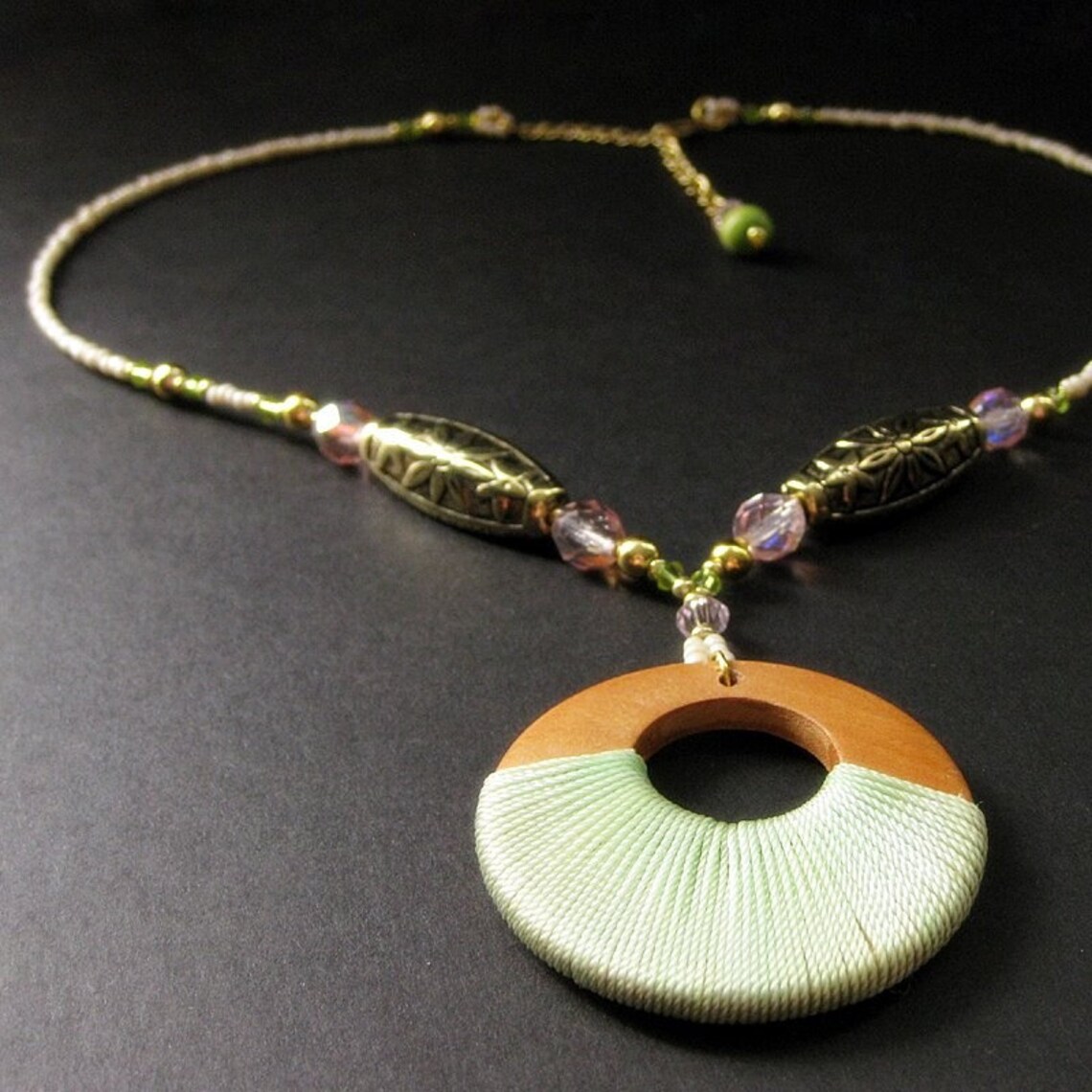 Spring Flowers Necklace. Fiber and Wood Necklace. Pink and Green ...