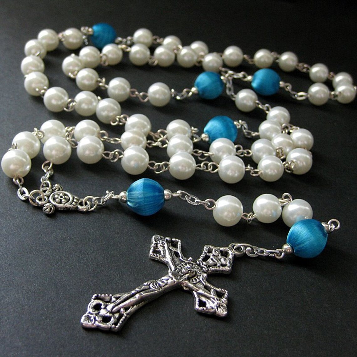 White Pearl Rosary with Blue Satin Beads. Beaded Rosary. Holy | Etsy