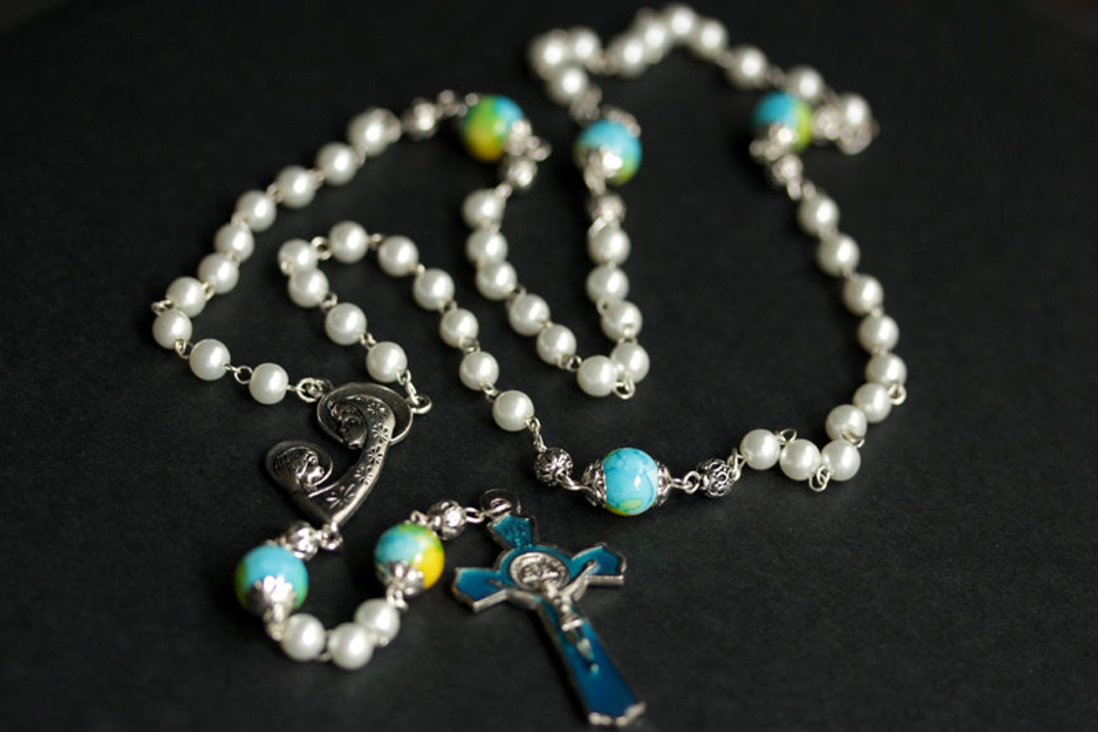 White Pearl Rosary. Turquoise Blue and Yellow Rosary. Aqua - Etsy