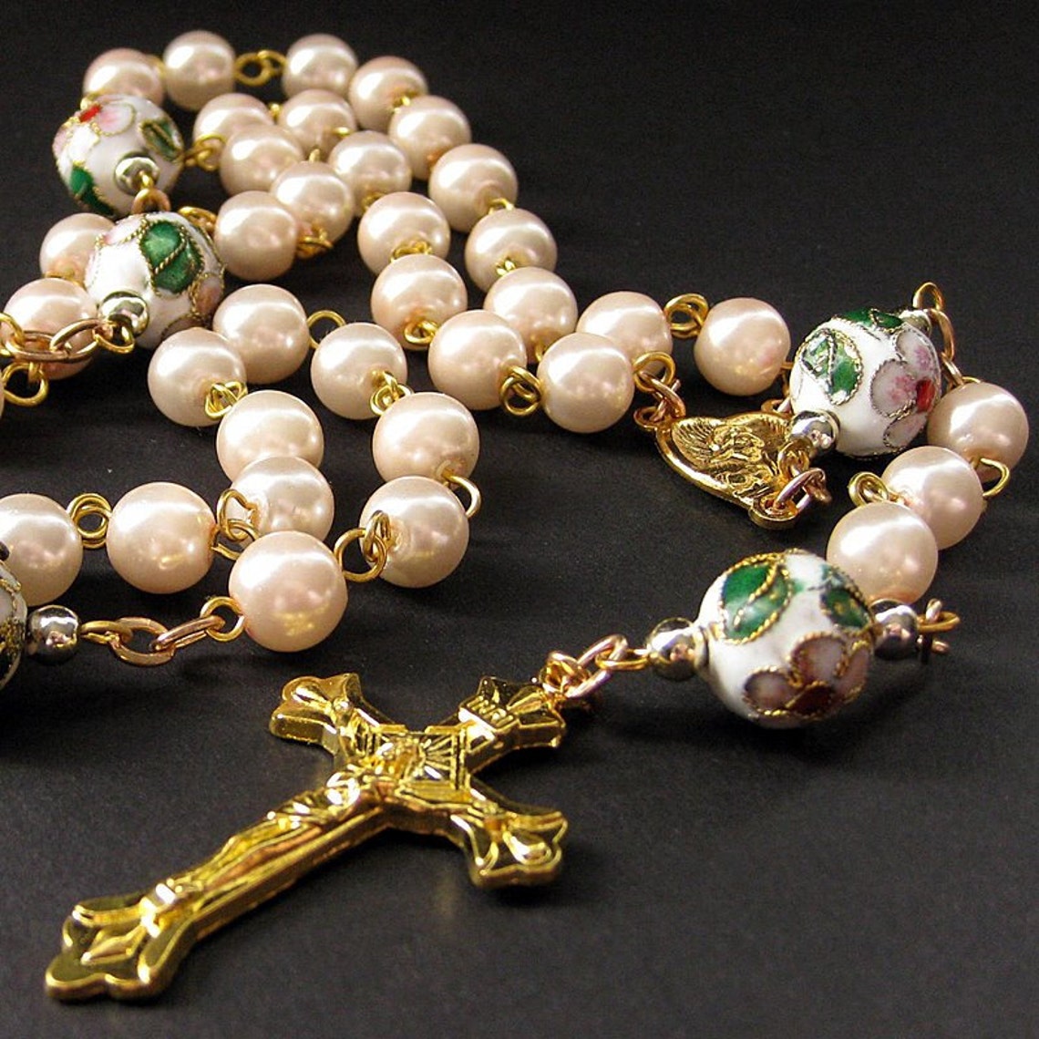 Soft Pink Rosary. Pink Pearl Rosary. Handmade Rosary. Cloisonne Flower ...