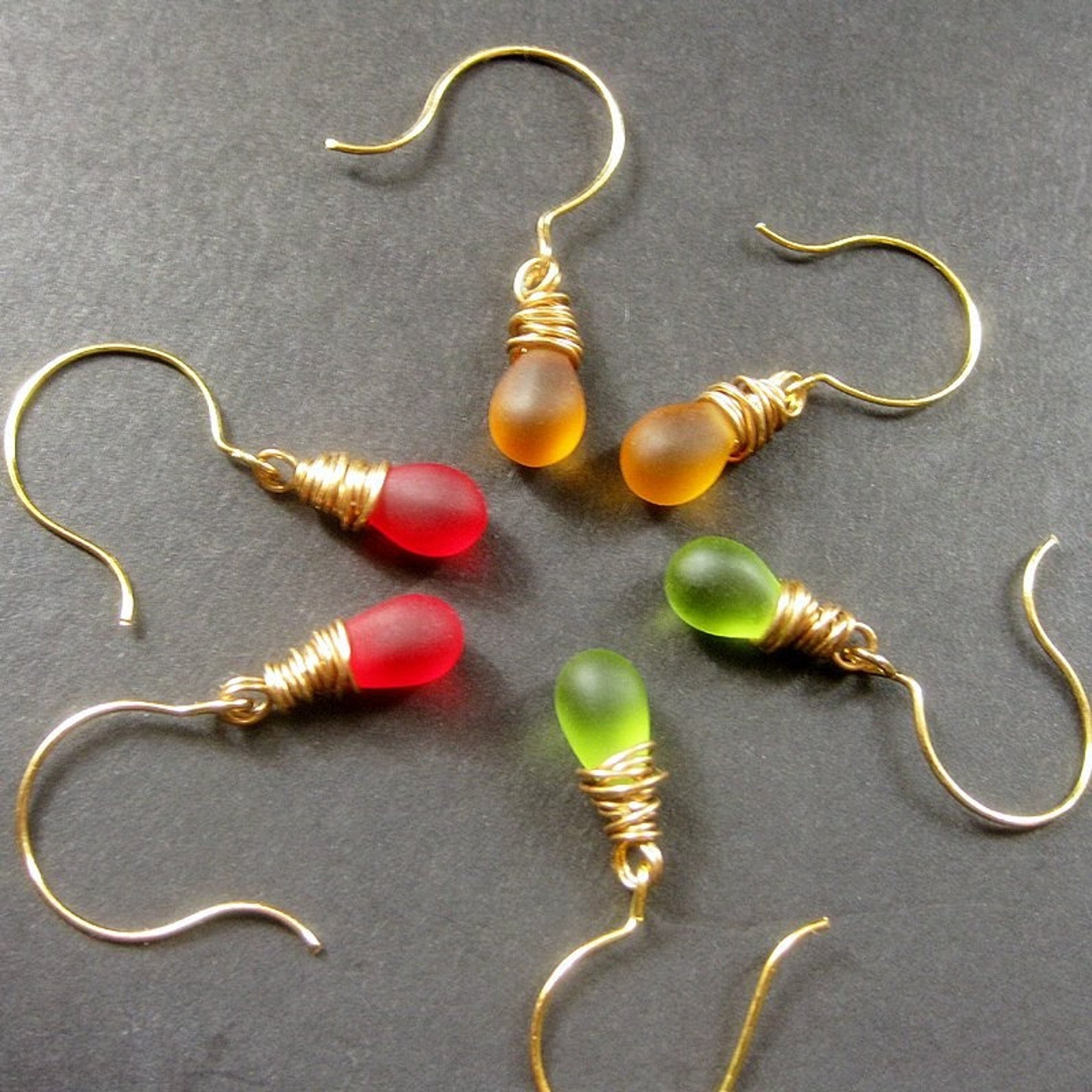Fall Colors Teardrop Earrings Set of Three Wire Wrapped Gold - Etsy
