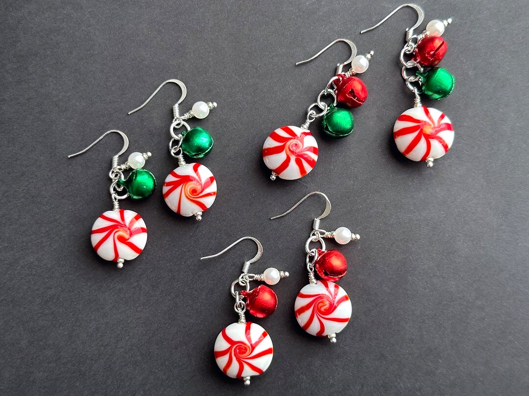 Peppermint Jingle Bell Earrings. Lampwork Glass Christmas Earrings. Peppermint Candy Earrings ...