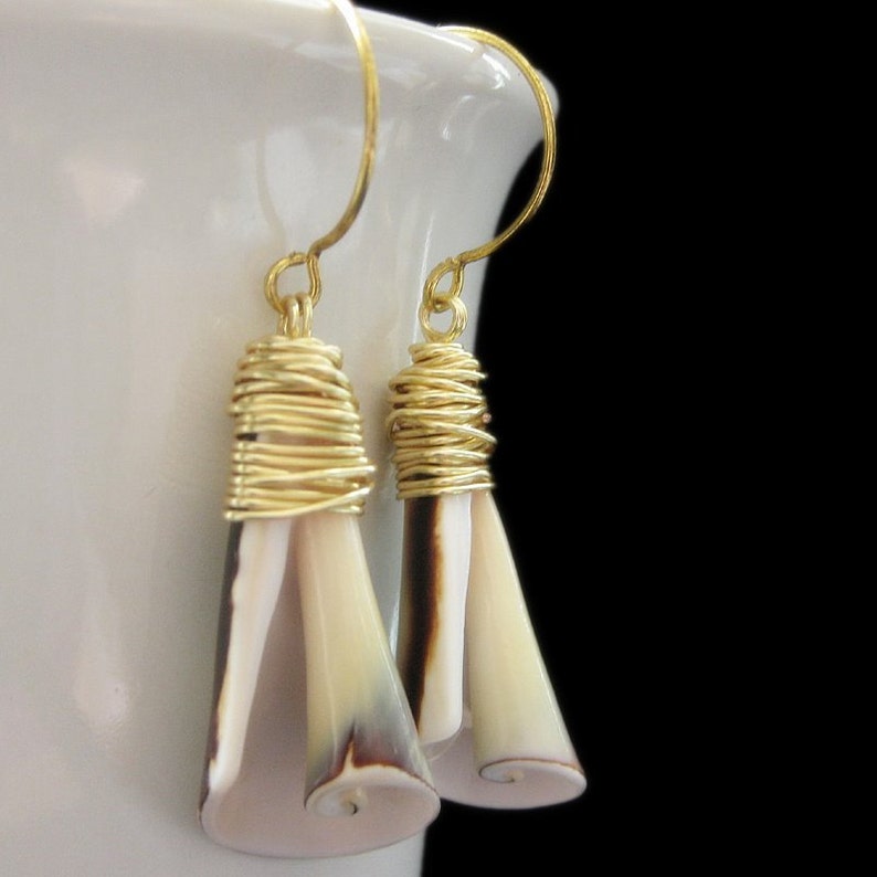Gold Wire Wrapped Earrings. Spiral Seashell Earrings. Shell Earrings in Gold. Handmade Earrings ...
