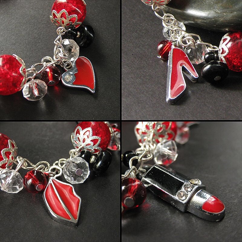 Red Charm Bracelet. Beaded Bracelet in Lipstick Red Black and - Etsy