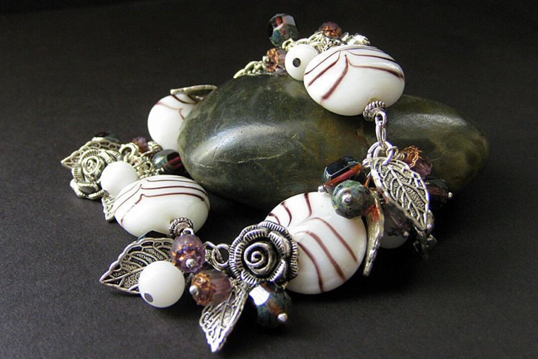 Purple Roses Charm Bracelet in Lampwork Glass and Silver Rose Charms ...