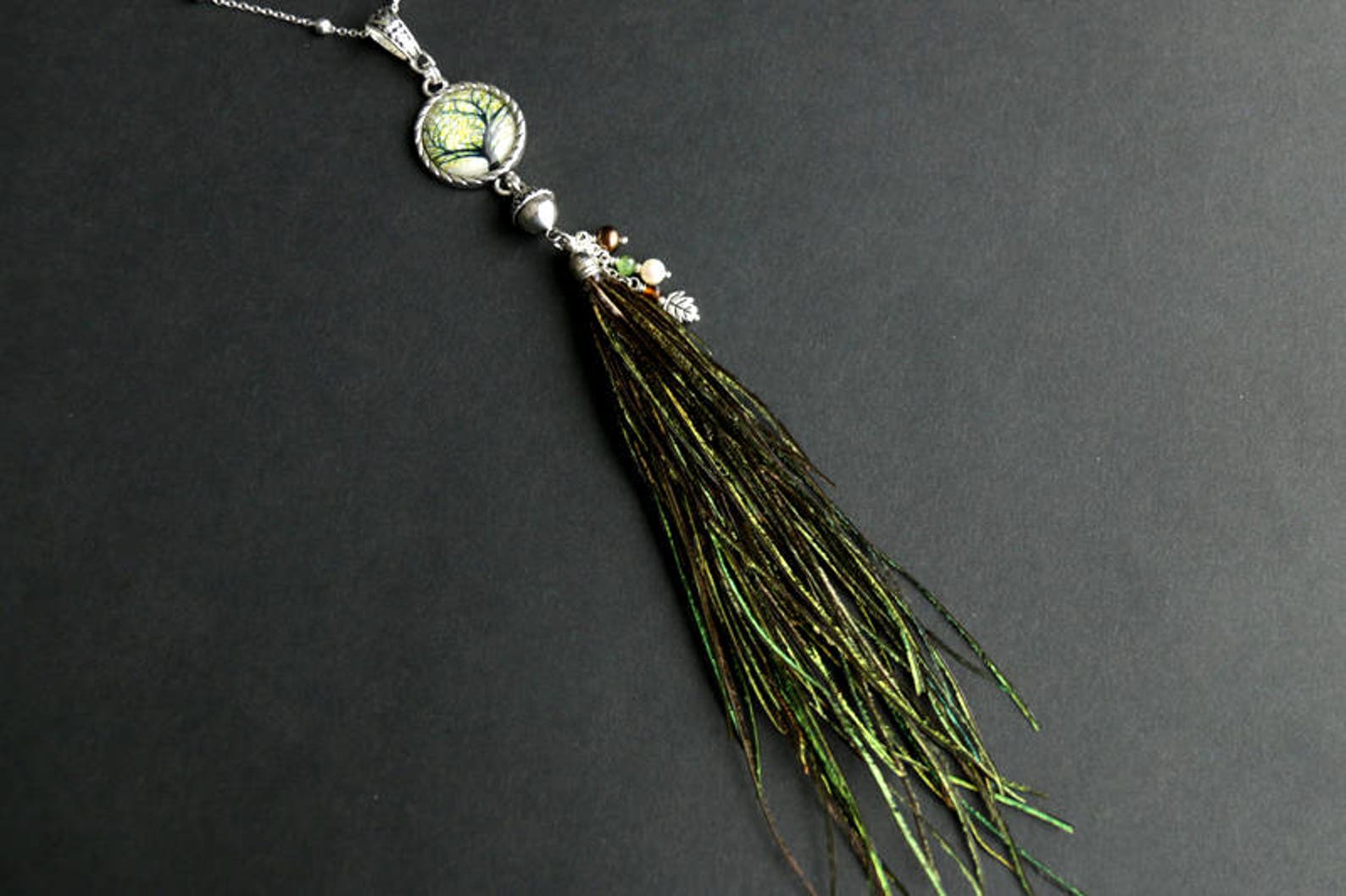 Green Feather Tassel Necklace: Tree Pendant, Acorn Accent - Etsy