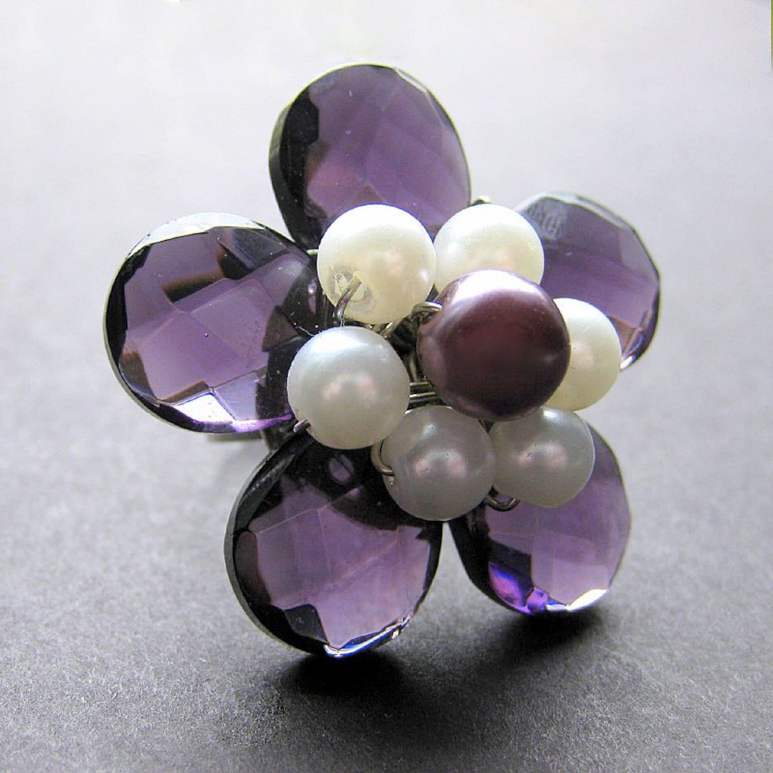 Purple Crystal Flower Ring With Pearls. Handmade Jewelry by - Etsy