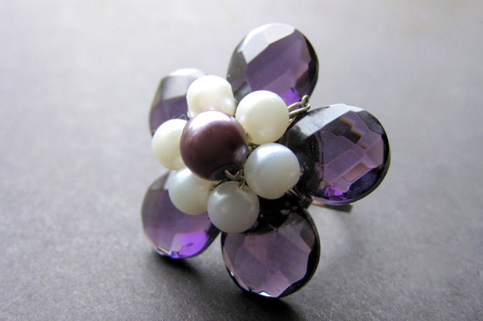 Purple Crystal Flower Ring With Pearls. Handmade Jewelry by - Etsy