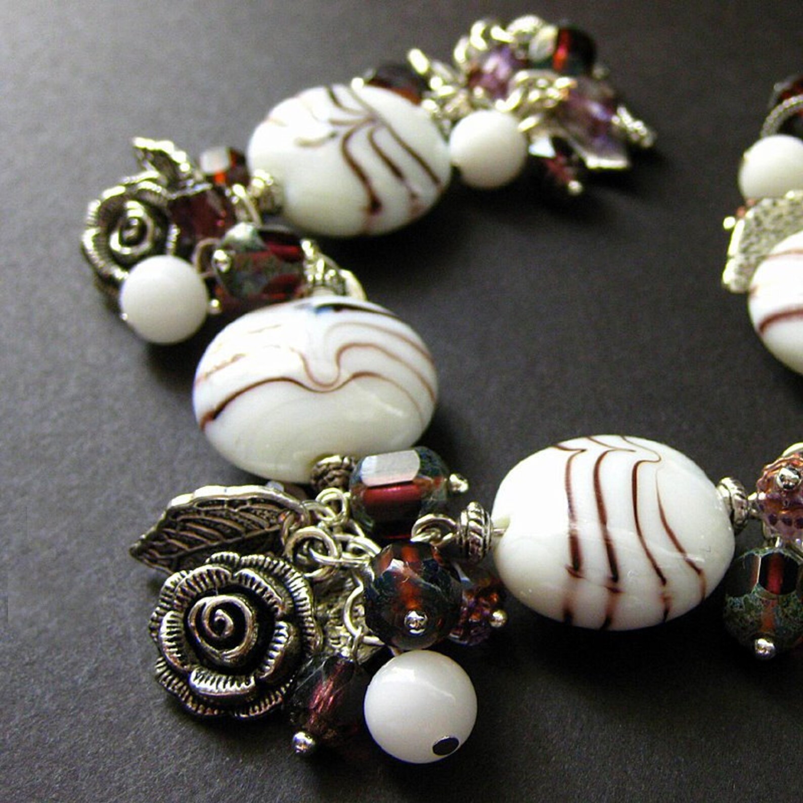 Purple Roses Charm Bracelet in Lampwork Glass and Silver Rose - Etsy