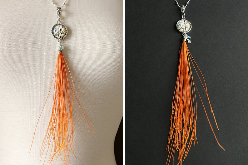 Orange Feather Tassel Necklace. Autumn Tree Necklace. Orange | Etsy