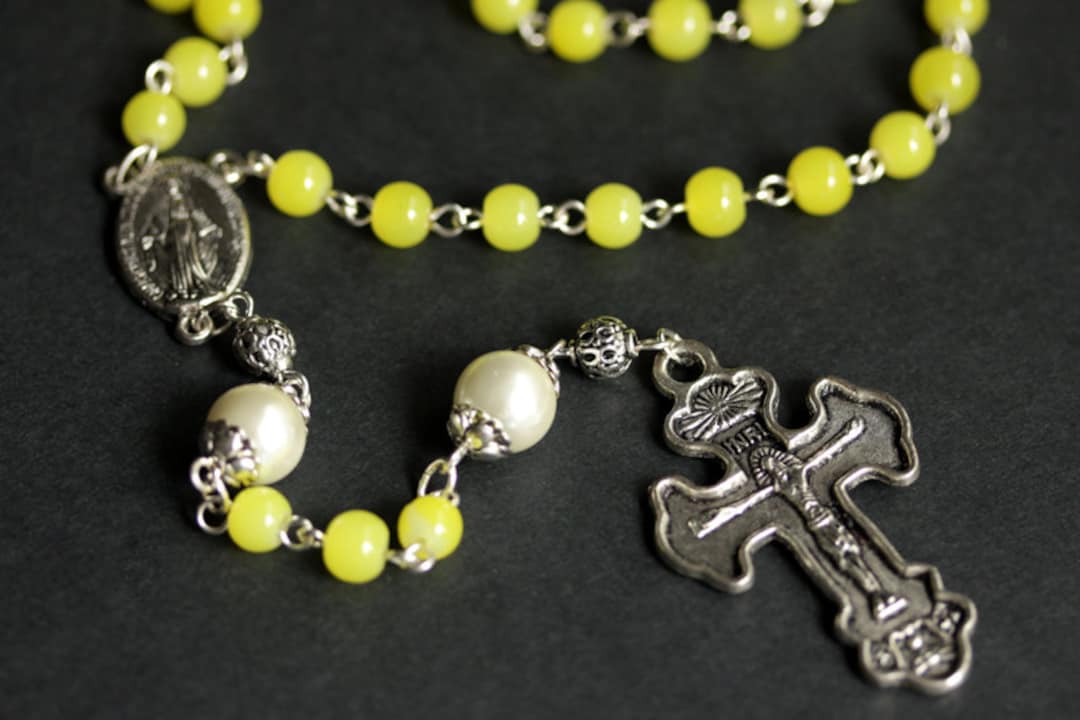 Holy Rosary. Bright Yellow Rosary. Glass Pearl Rosary. Silver Rosary ...