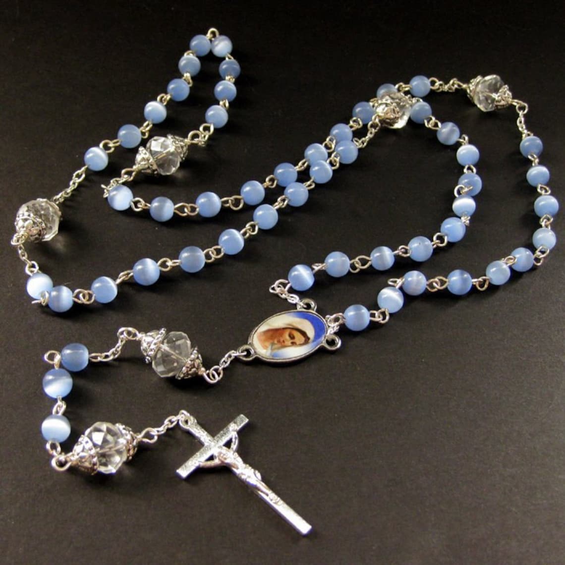 Baby Blue Rosary. Catholic Rosary With Cats Eye Blue Beads and Crystal ...