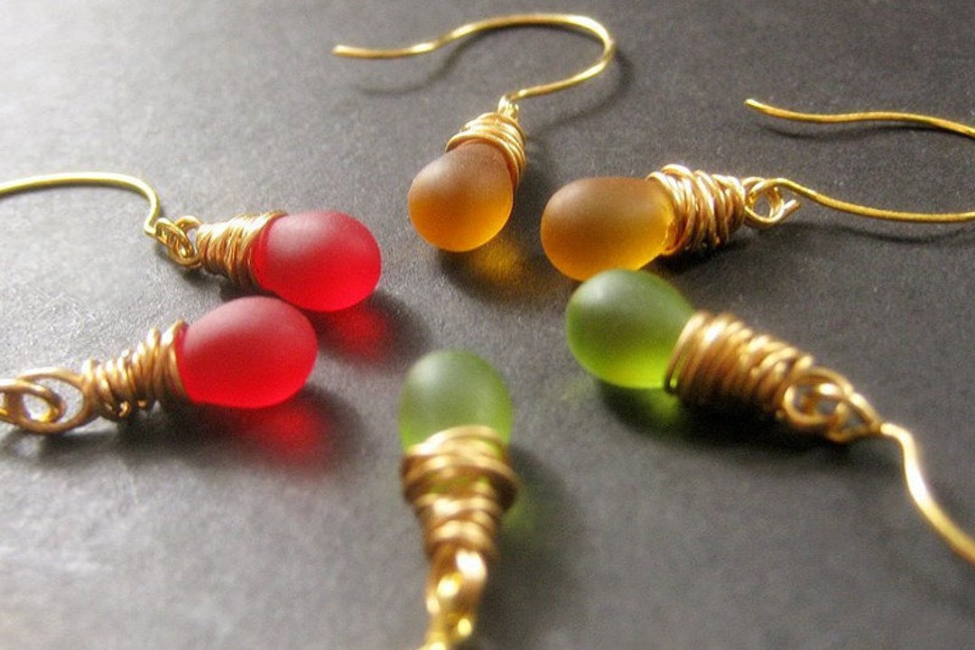 Fall Colors Teardrop Earrings Set of Three, Wire Wrapped, Gold - Autumn ...