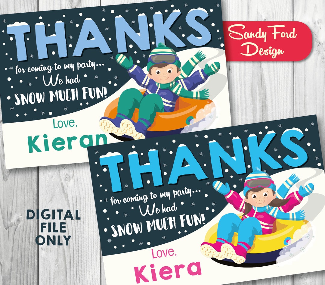 Snow Tube Party Thank You Card, Snow Birthday Printable Thank You, Snow ...