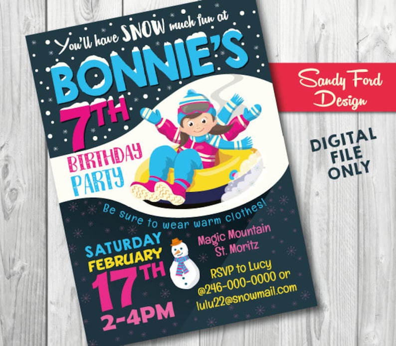 Girls Snow Birthday Party Invitation Snow Tube Invitation | Etsy
