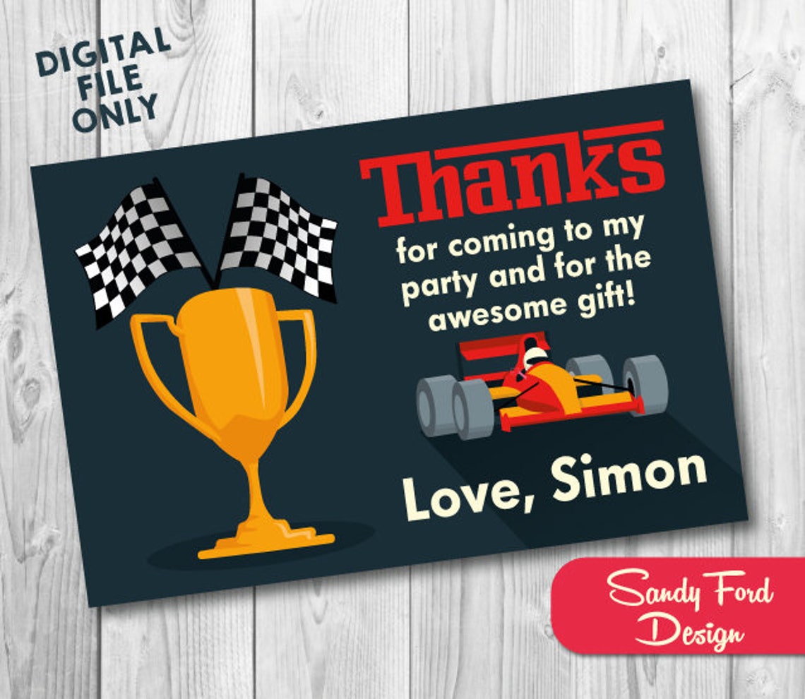 Race Car Thank You Card, Formula One Printable Thank You, Race Car ...