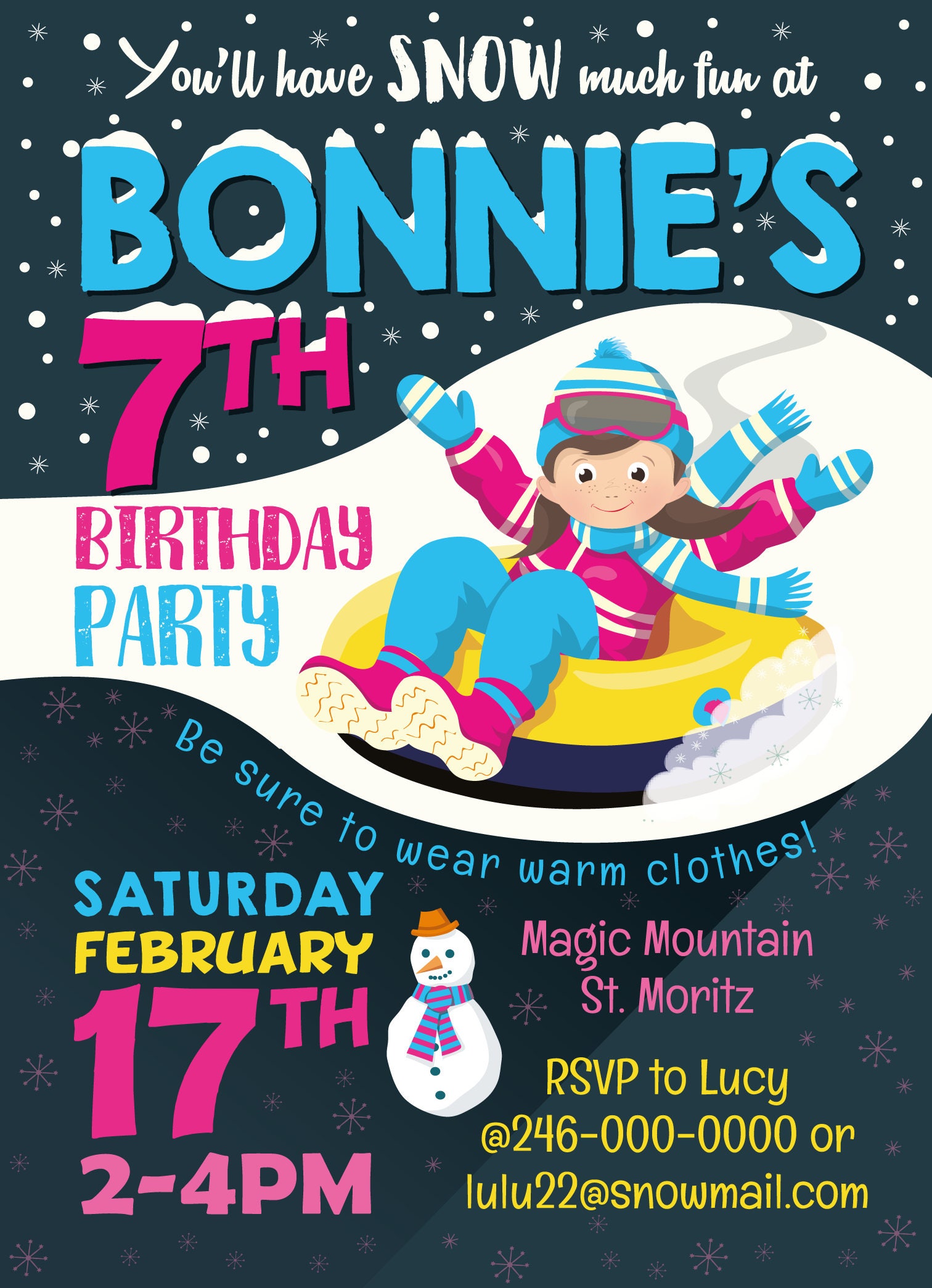 Girls Snow Birthday Party Invitation Snow Tube Invitation - Etsy Canada