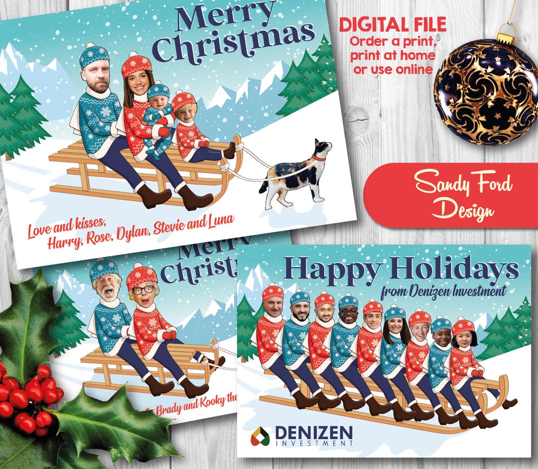 Family Christmas Card, Funny Photo Sled Christmas Card, Winter Holiday ...