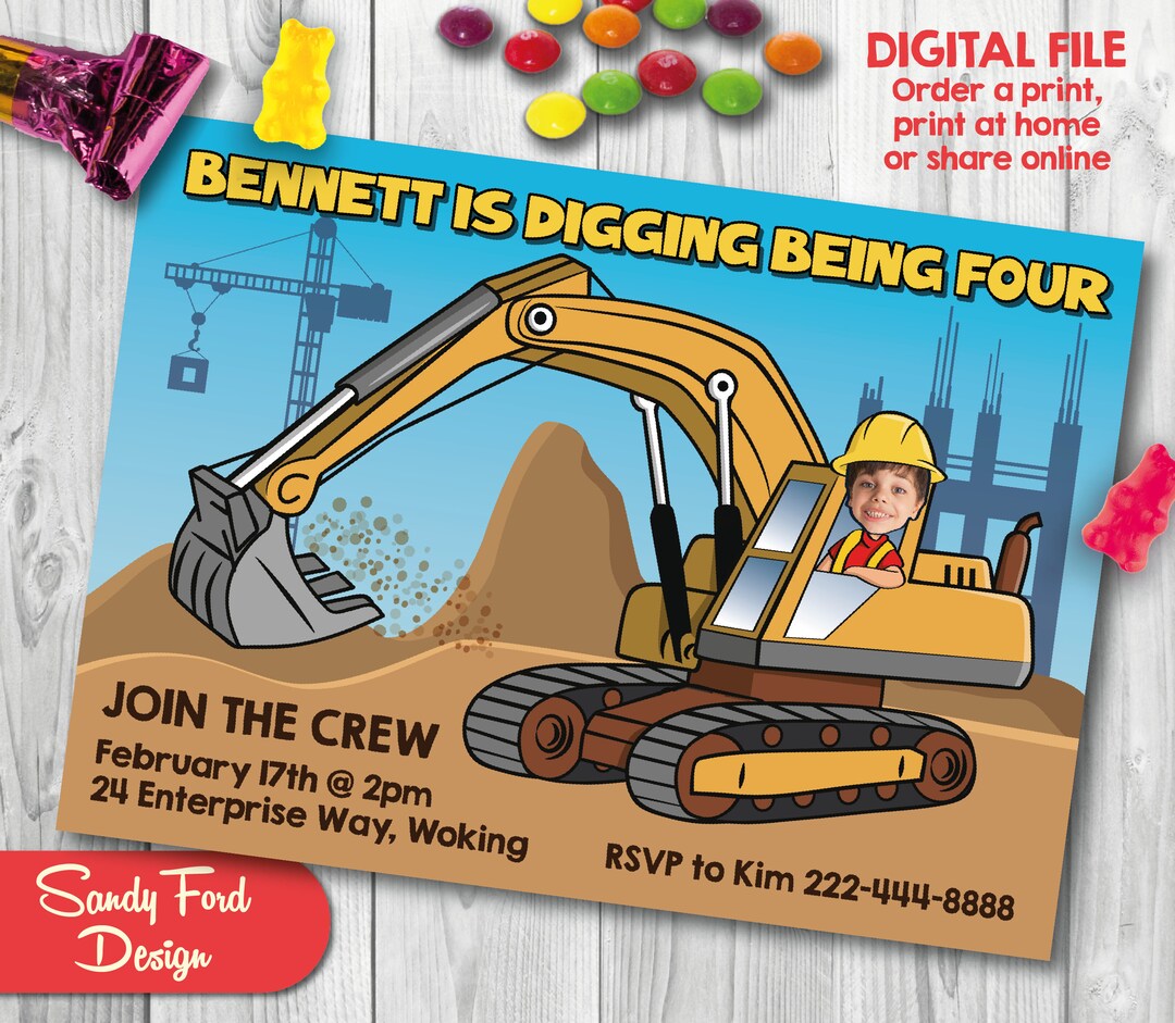 Excavator Birthday Party Invitation, Boys' Construction Party, Digger ...