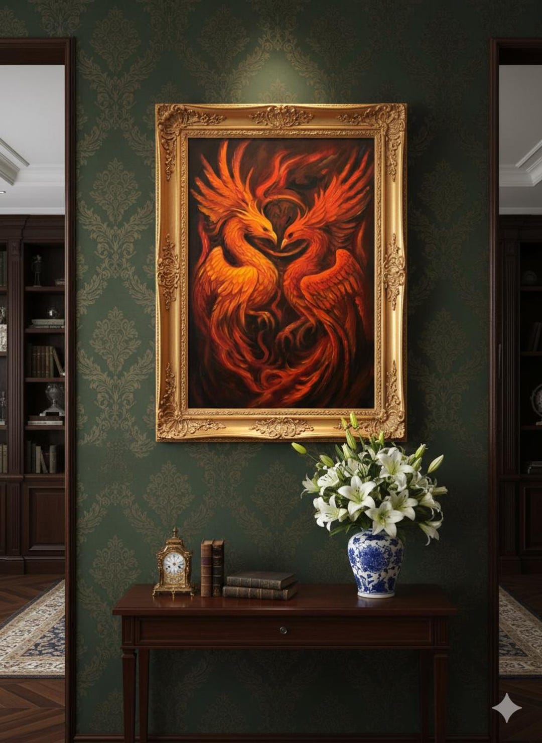 Fiery Twin Phoenix Oil Painting on Canvas, Handmade Mythical Bird Wall ...