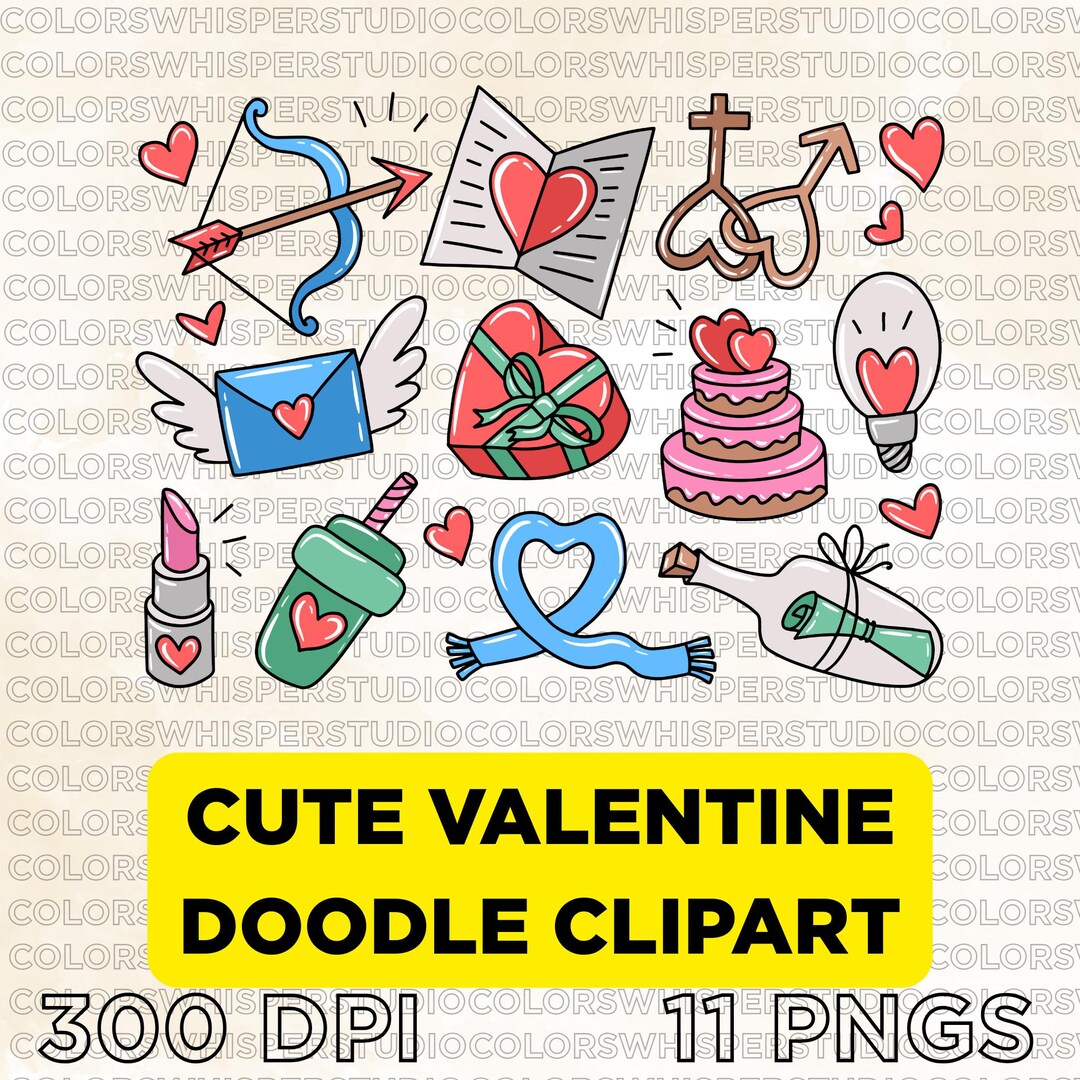 Cute Valentine Doodle Clipart Bundle, Hand Drawn Love Icon PNG Set With ...