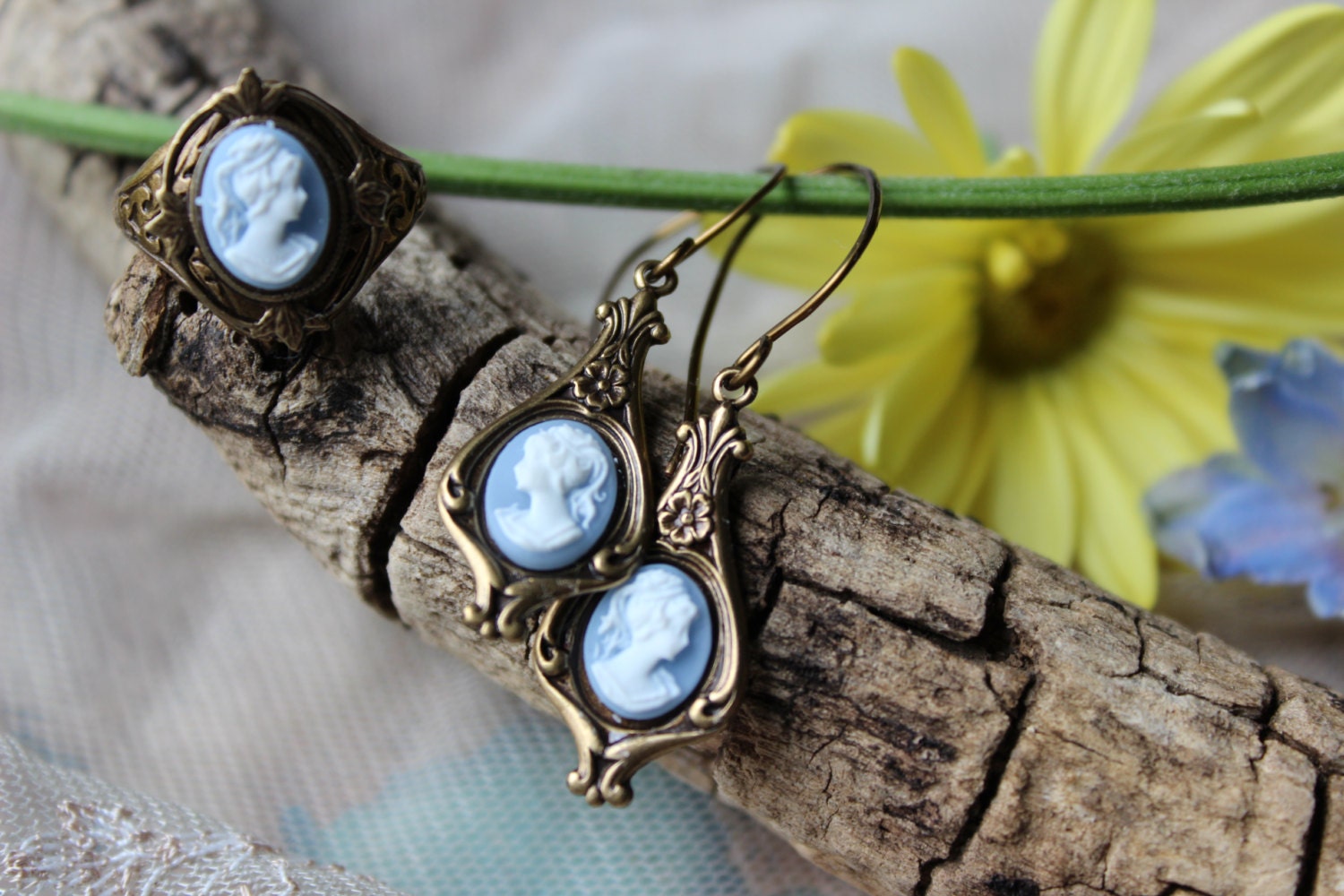 Blue Cameo Jewelry Set Cameo Ring Cameo Earrings Bridesmaid - Etsy