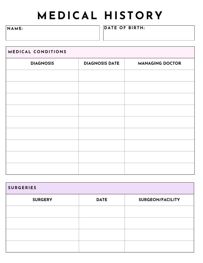 Medical Summary Template, Digital Download, Medical History ...