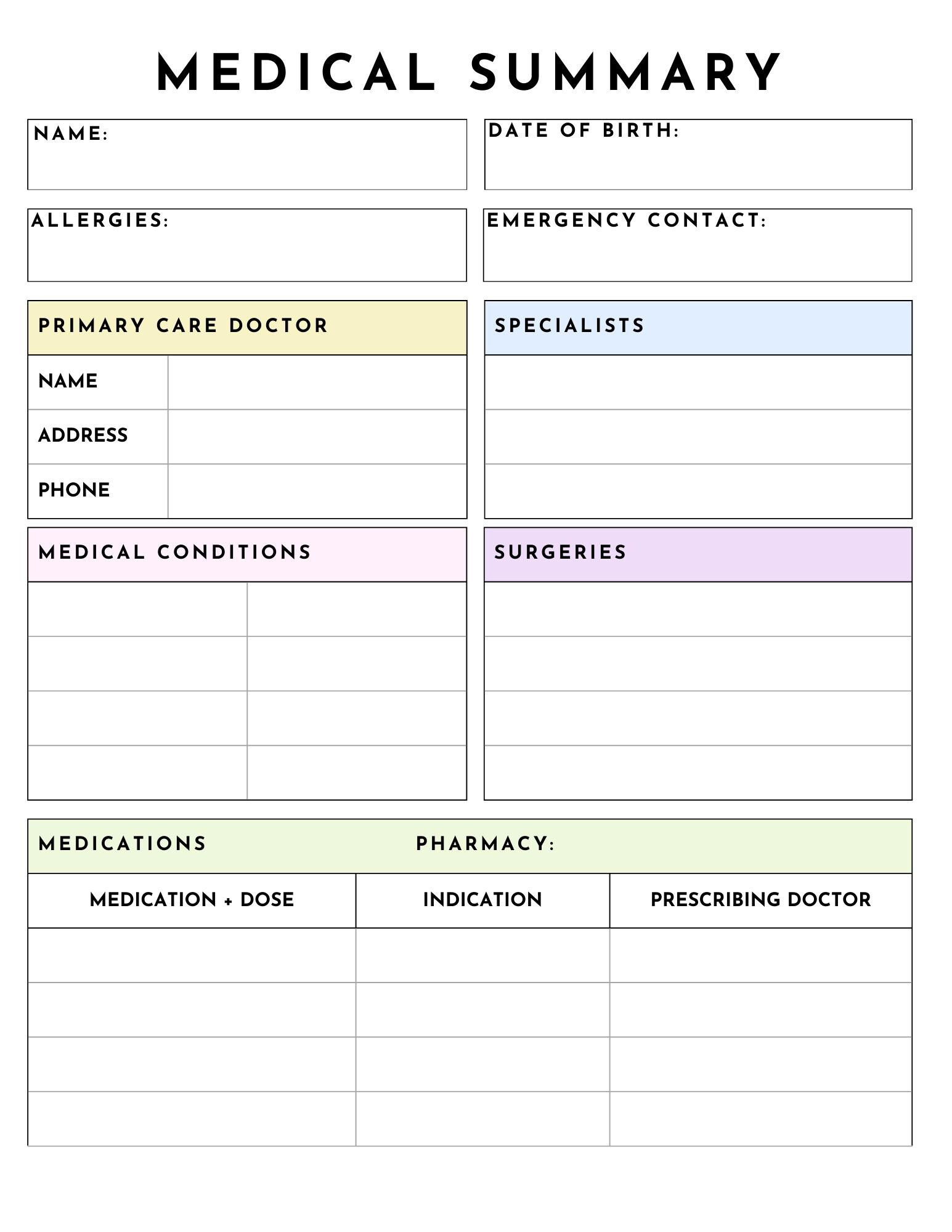 Medical Summary Template, Digital Download, Medical History ...
