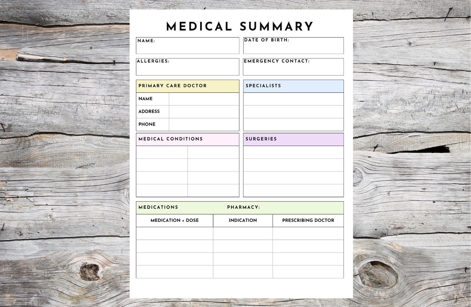 Medical Summary Template, Digital Download, Medical History ...