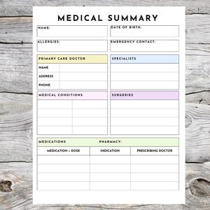 Medical Summary Template, Digital Download, Medical History ...
