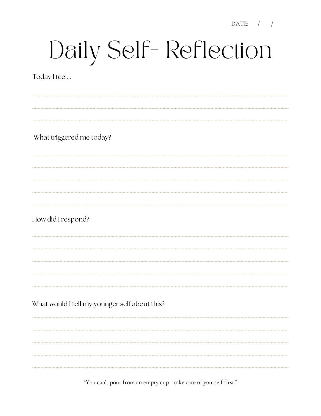 Daily Self-reflection Journal Page – Printable Mental Health Worksheet ...
