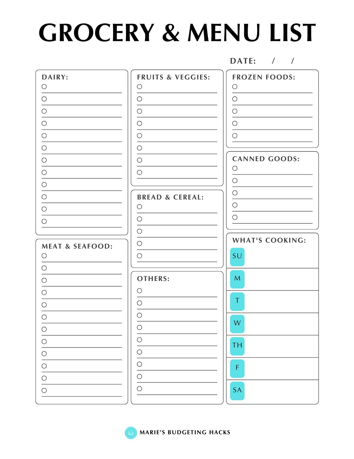 Grocery & Menu List | Digital Download | PDF Printable | Black Font | 8 ...