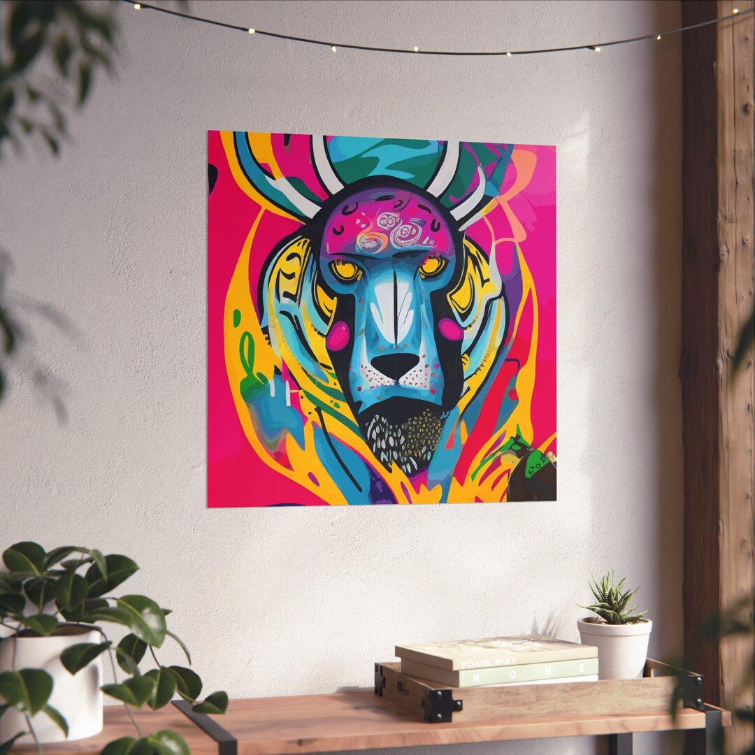 Vertical Lion Poster, Vibrant Boho Abstract Wall Art, Colorful Animal ...