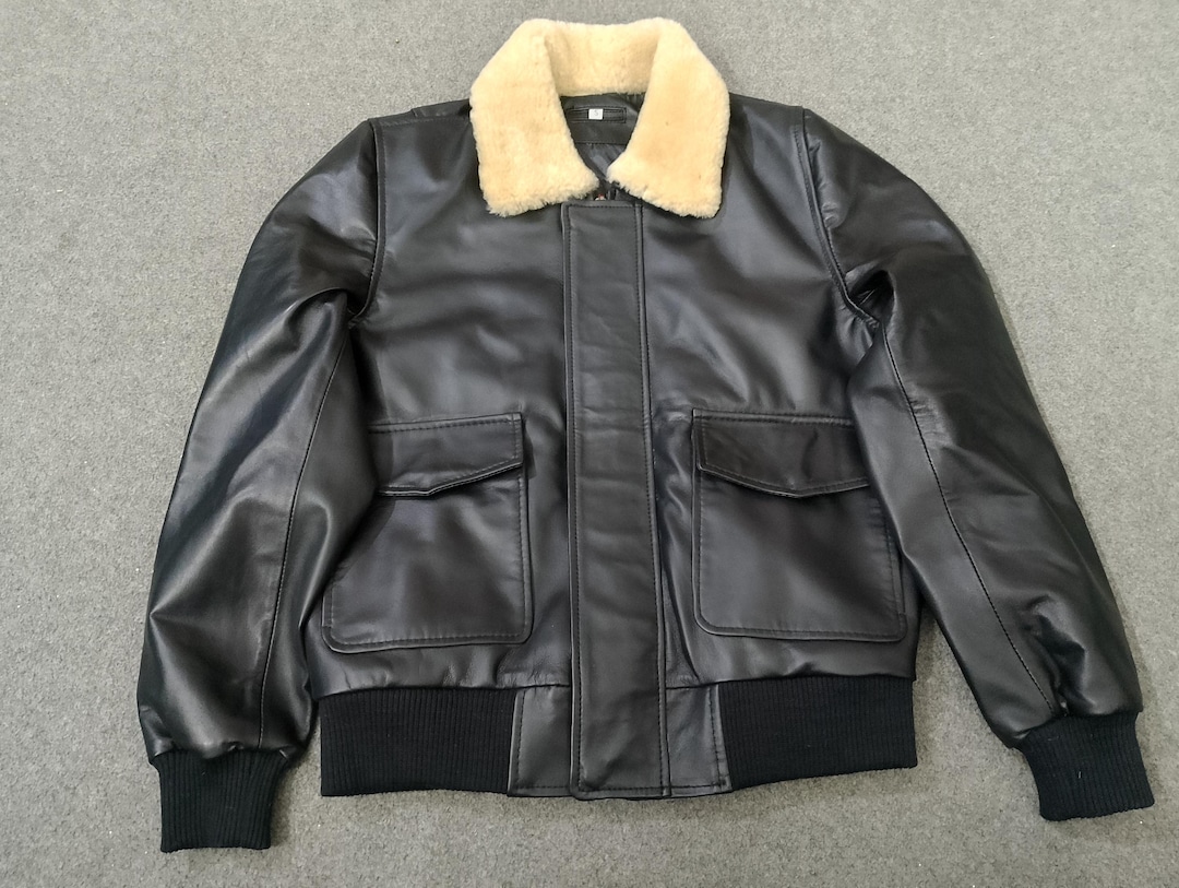 Black Sheepskin Leather Jacket With Real Fur Collar Viscose Lining ...