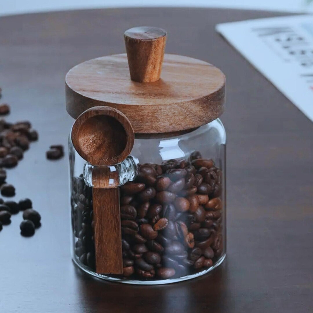 Glass Food Storage Pots With Wood Lids Spoons Food Container Grains Tea ...