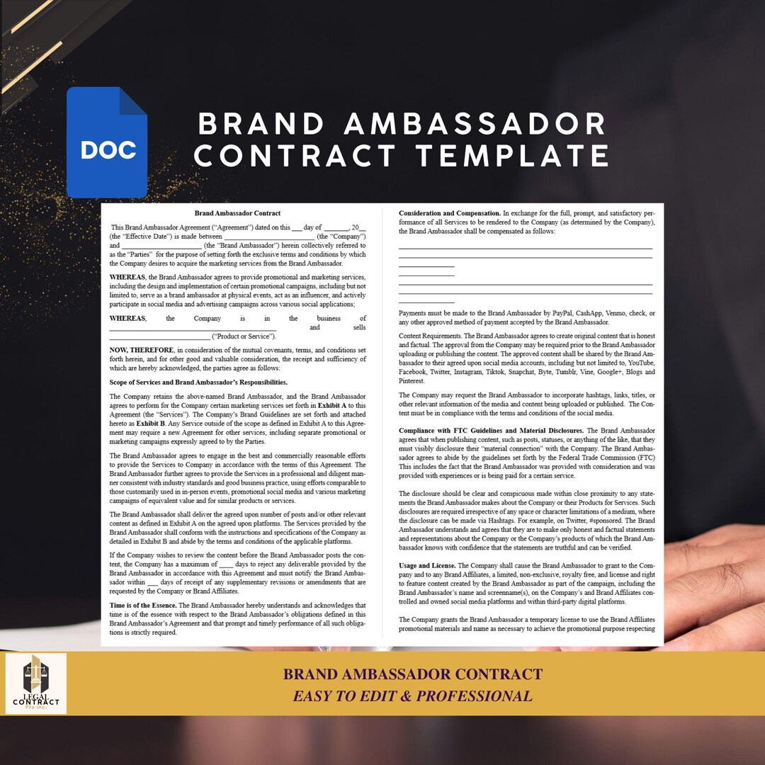 Brand Ambassador Contract Template Editable Legal Agreement for ...