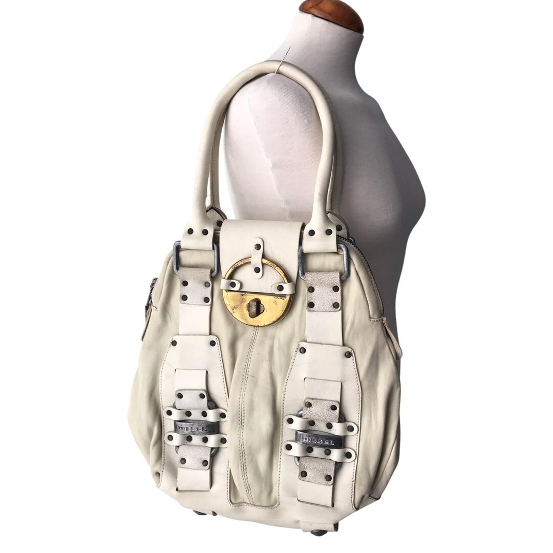 DIESEL Vintage White Leather Shoulder Bag Metallic Medieval Armor Avant ...