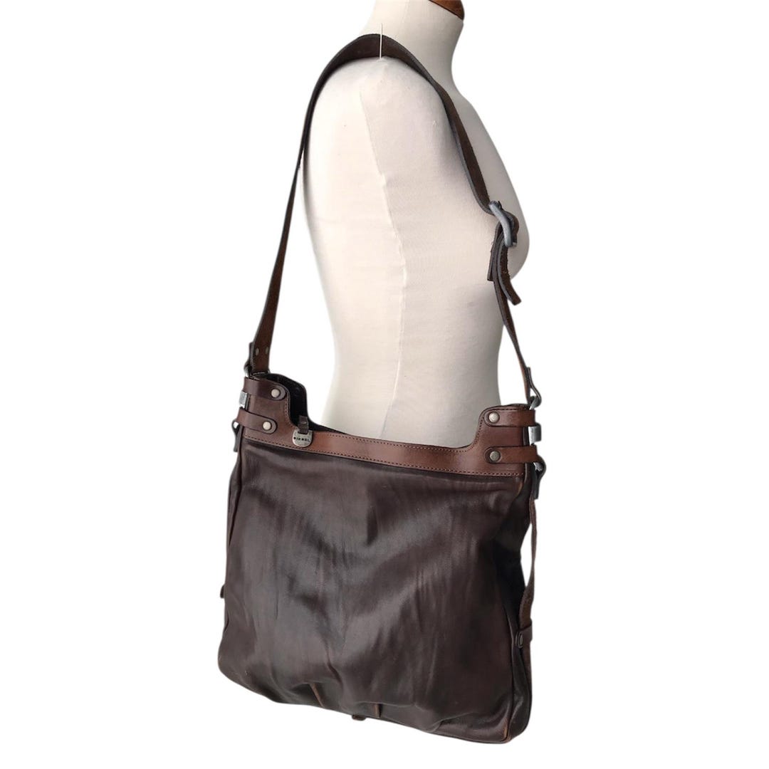 DIESEL Vintage Brown Hobo Bag Distressed Leather Medieval City Metallic ...