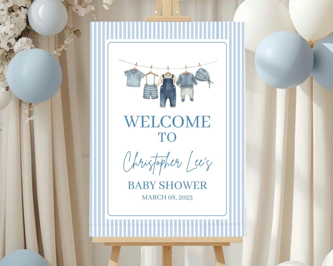 Blue Striped Baby Shower Welcome Sign With Hanging Baby Clothes ...