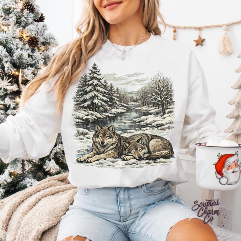 Vintage Snowy Wolf Scene Crewneck Sweatshirt | Cozy Winter Sweater - Etsy