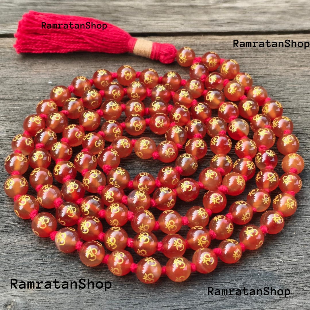 Red Agate Mala Necklace With Engraved Om Symbol Meditation Mala Knotted ...