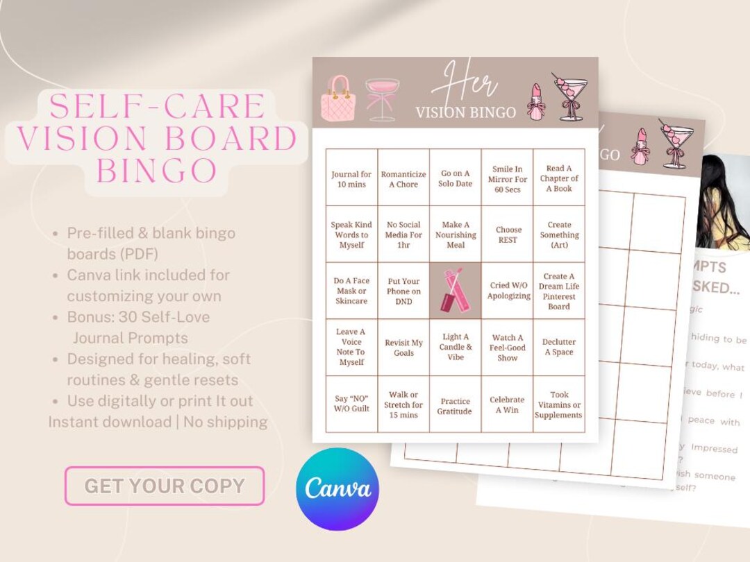 Self-care Bingo Board for Women | Soft Life Vision Board Printable ...