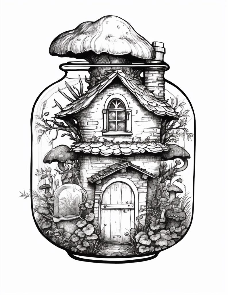 Enchanted Fairy Jar Coloring Pages Bundle | Magical Fairy House Designs ...