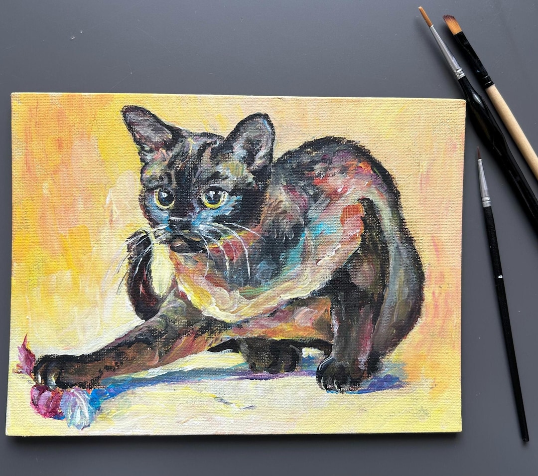 The Painting Shows a Playing Brown Cat Done in Bright Expressive Style ...