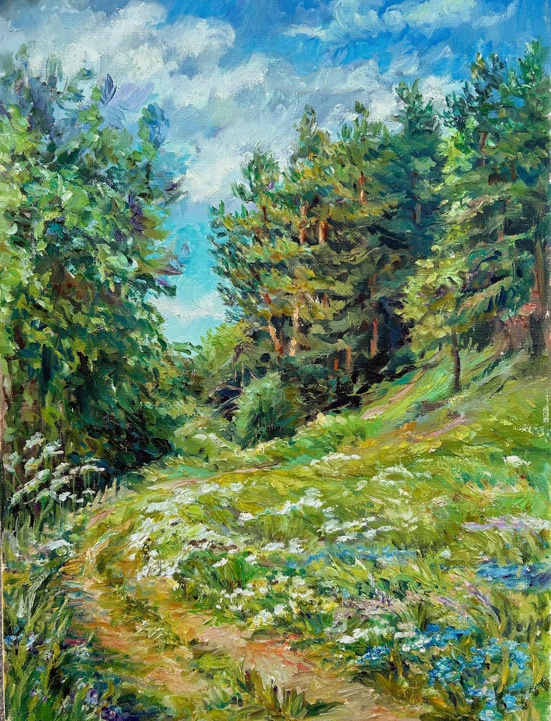 Wildflower Painting Forest Road Lush Greenery Pine Trees Sunny ...