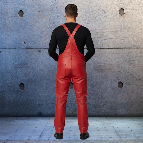 Red Bib Overalls With Leather Leather Bib Overalls Etsy