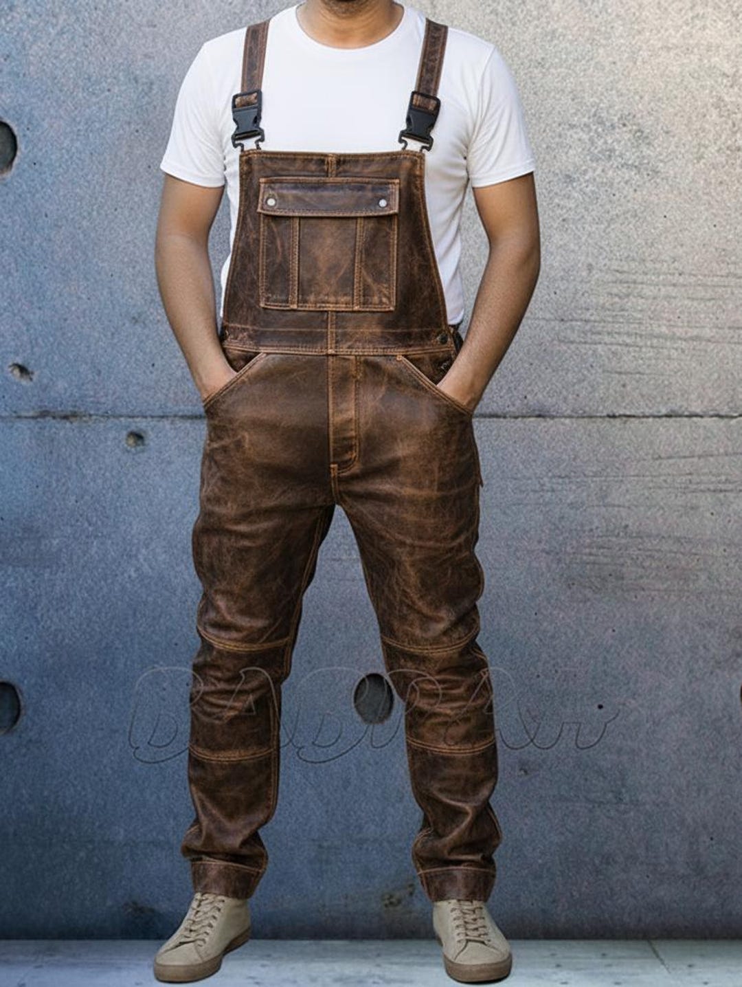 Distressed Brown Cowhide Leather Motorcycle Bib Overalls Dungarees ...