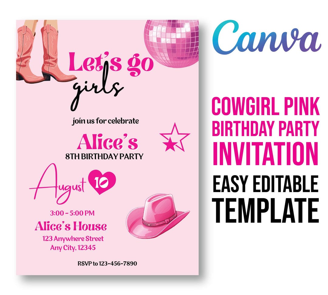 Editable Pink Cowgirl Birthday Party Invitation, Cowgirl Party Canva ...