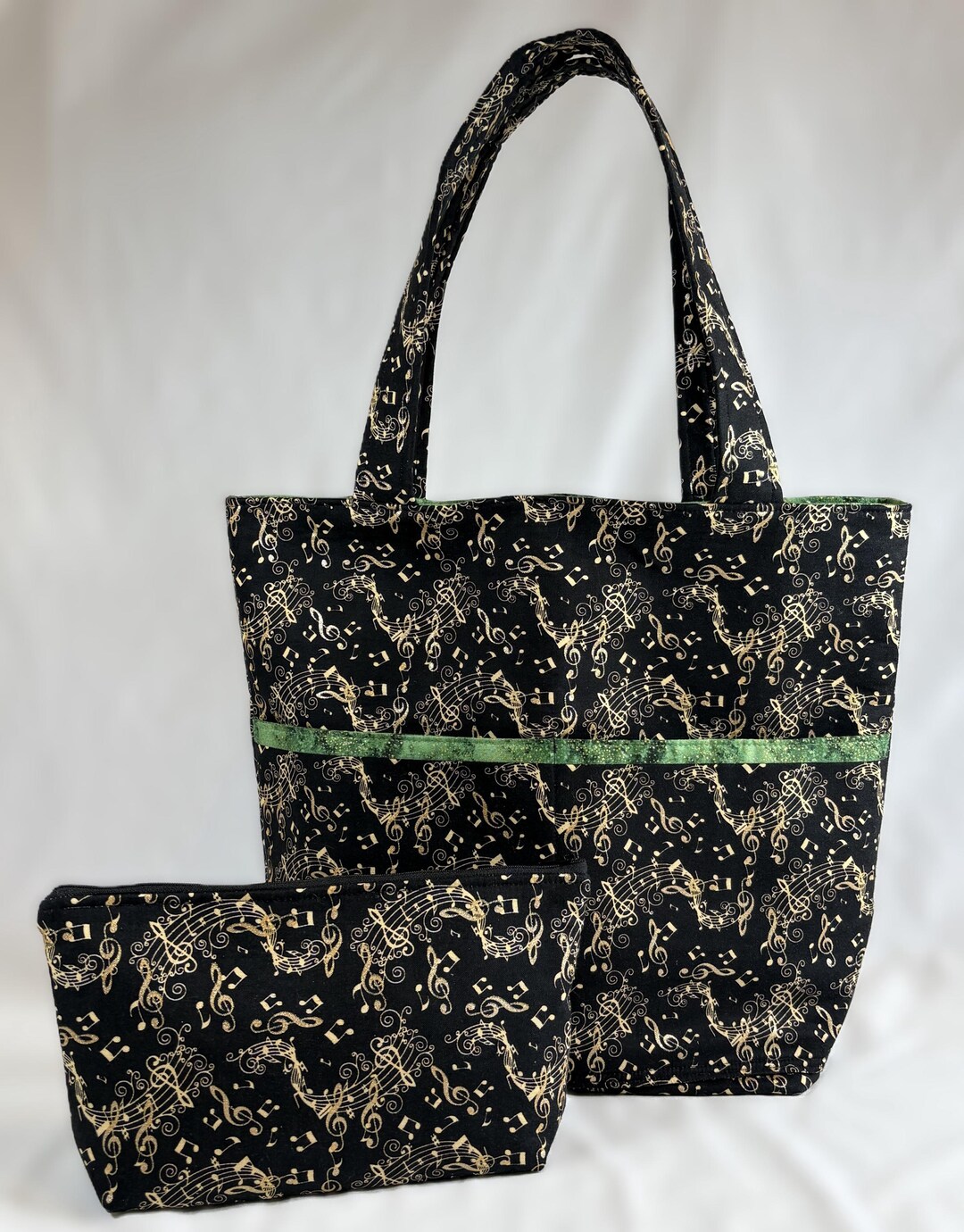 Handmade Black & Gold Music Notes Pattern Tote Bag Set, One of a Kind ...